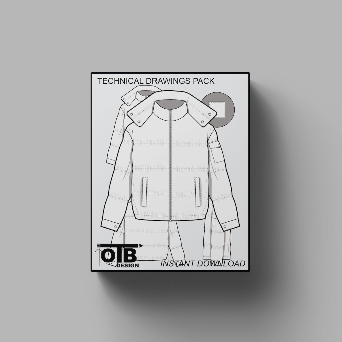 V2 Hooded Puffer Jacket Vector Flat Technical Drawing Illustration ...