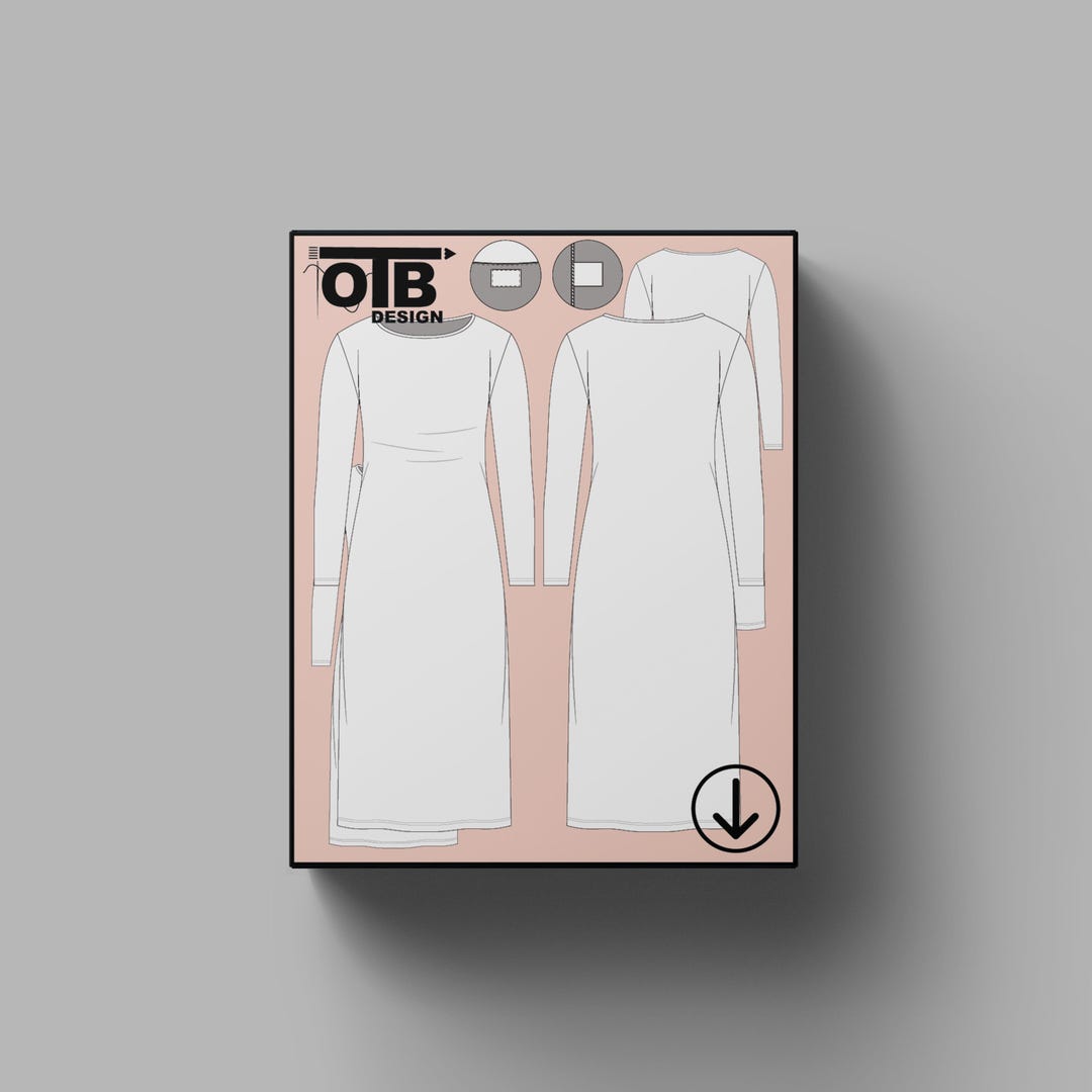 OTB Long Sleeve Maxi Dress Vector Flat Technical Drawing Illustration ...