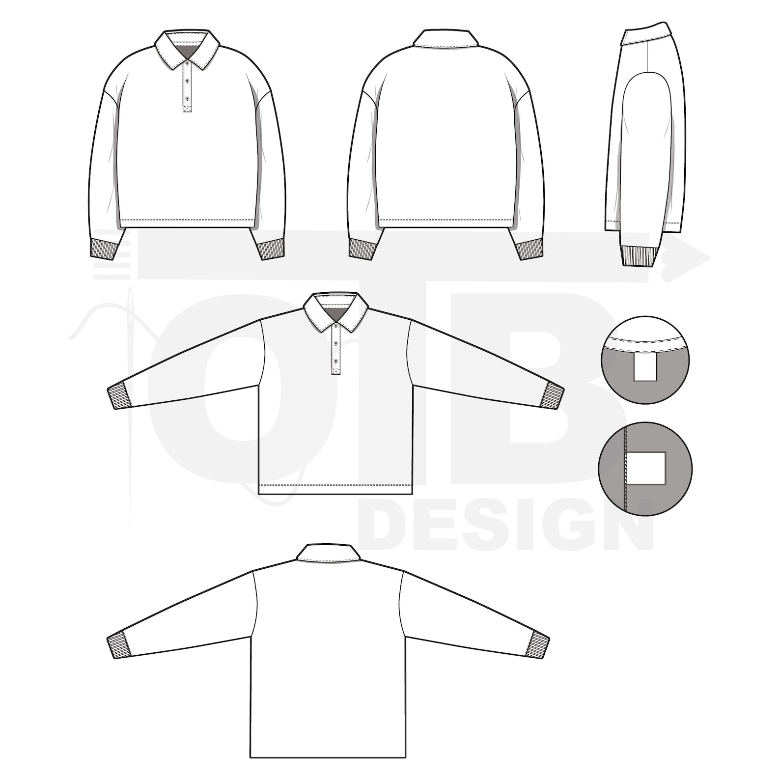 Oversized Rugby Polo Long Sleeve Collared Vector Flat Technical Drawing ...