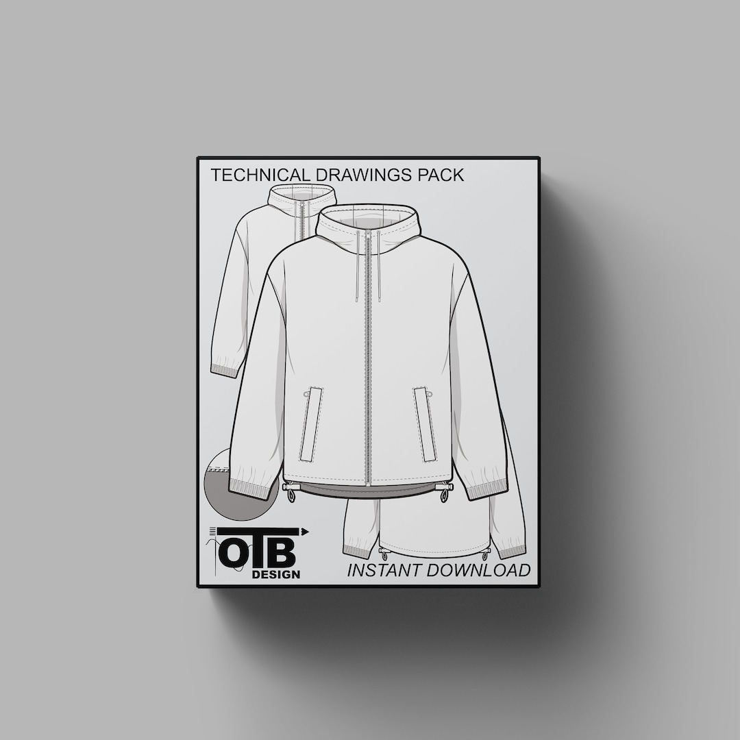 Hooded Windbreaker Jacket Vector Flat Technical Drawing Illustration ...