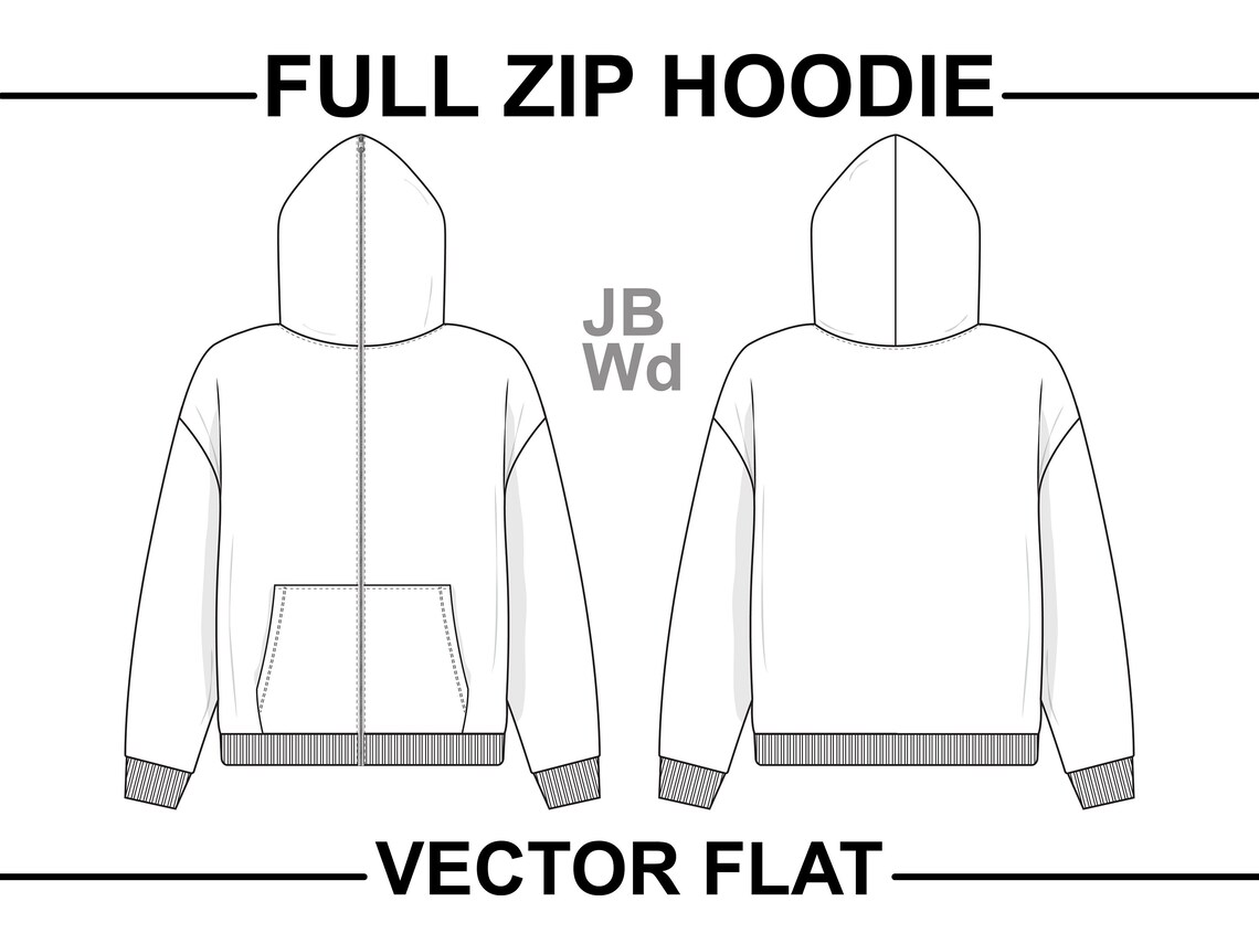 Full Zip Hoodie Sweatshirt Flat Technical Drawing Illustration Etsy