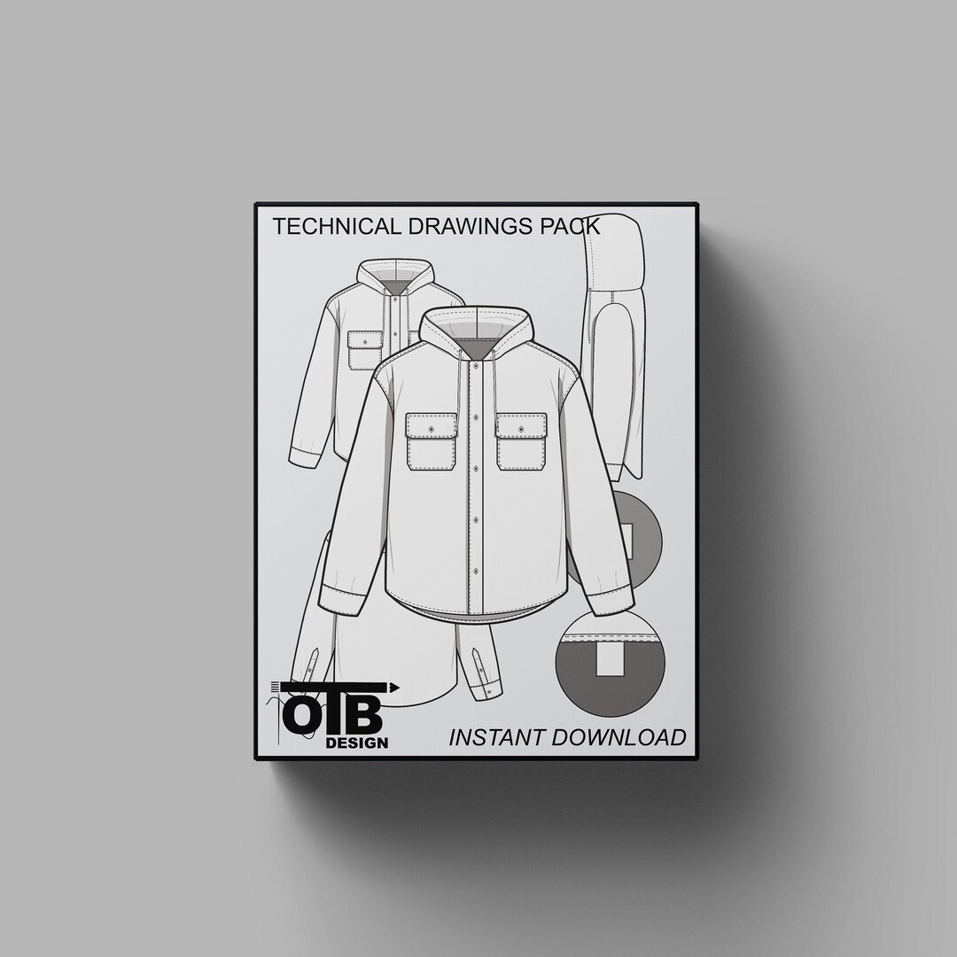 Hooded Flannel Button Shirt Vector Flat Technical Drawing Illustration ...