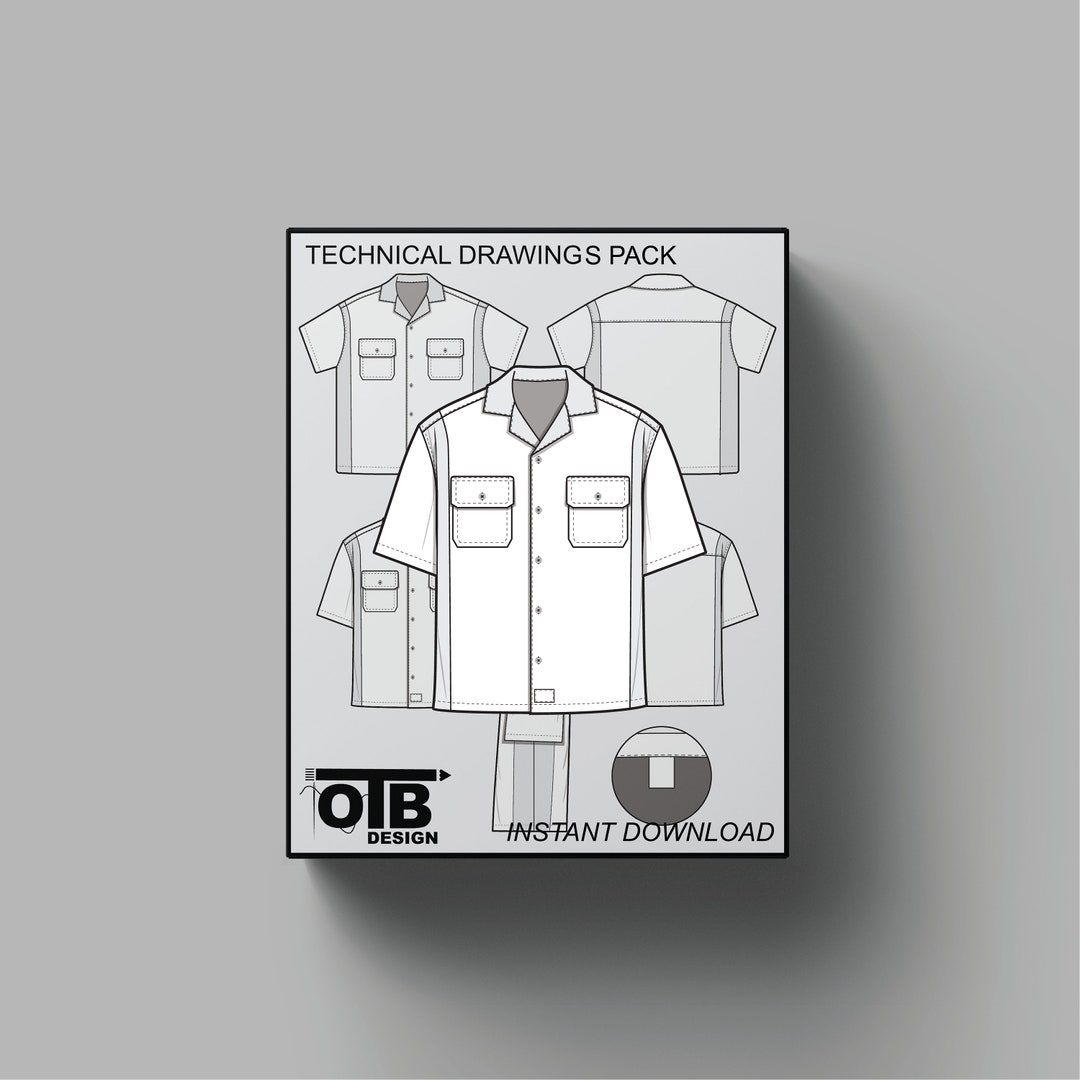 Mechanic Work Button Shirt Short Sleeve Flat Technical Drawing ...