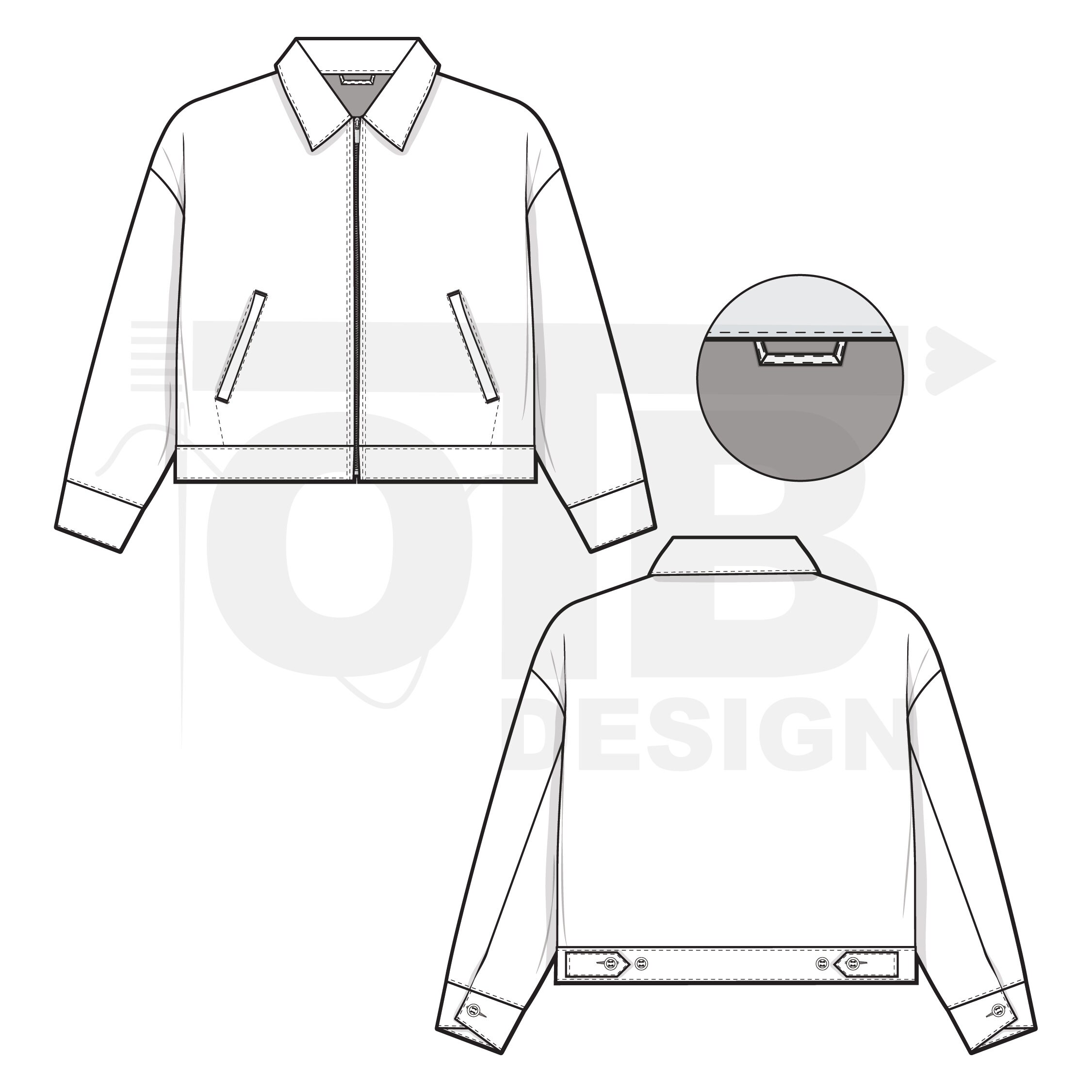 Cropped Collared Zip Work Jacket Flat Technical Drawing Illustration ...