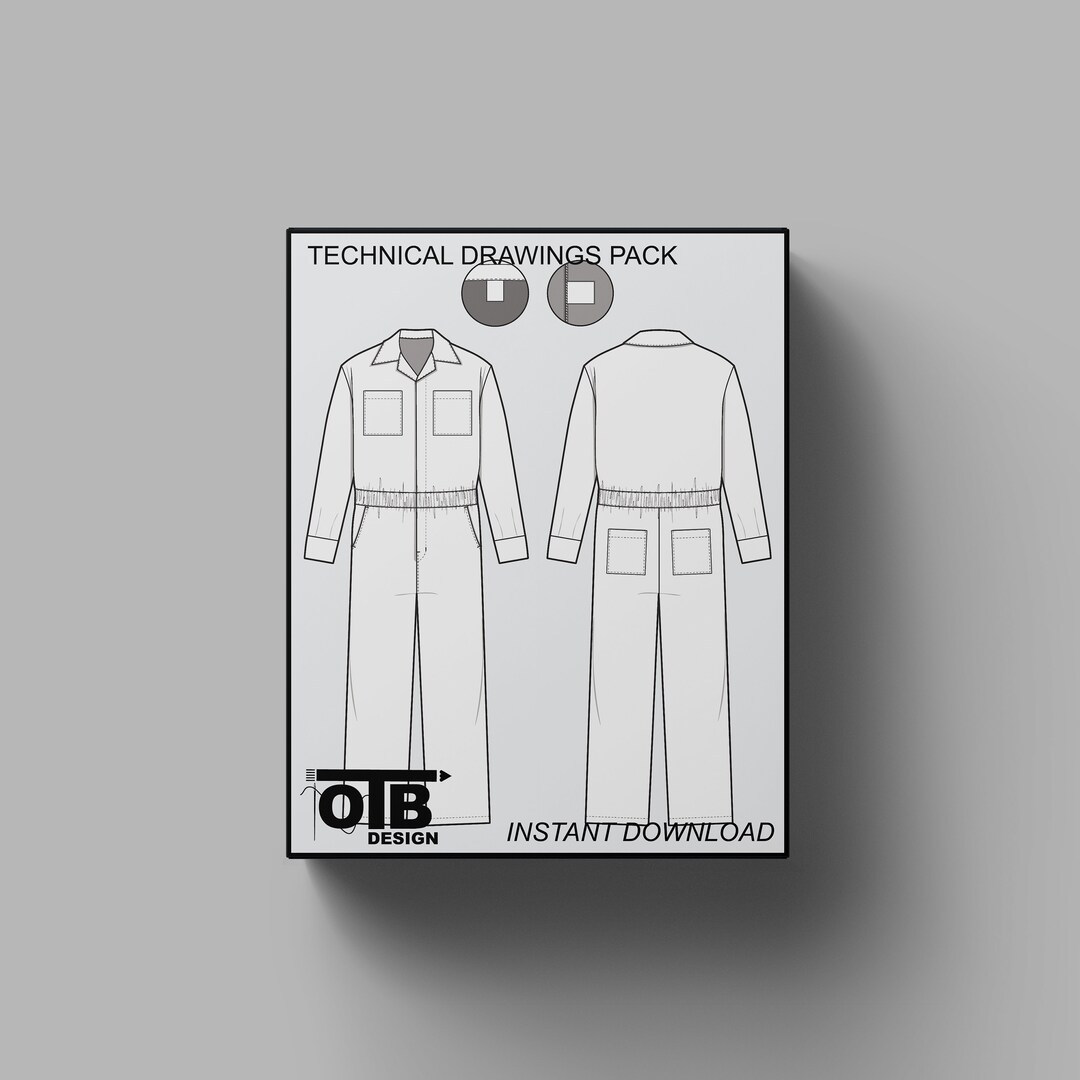 Long Sleeve Coveralls Jumpsuit Collared Vector Flat Technical Drawing ...