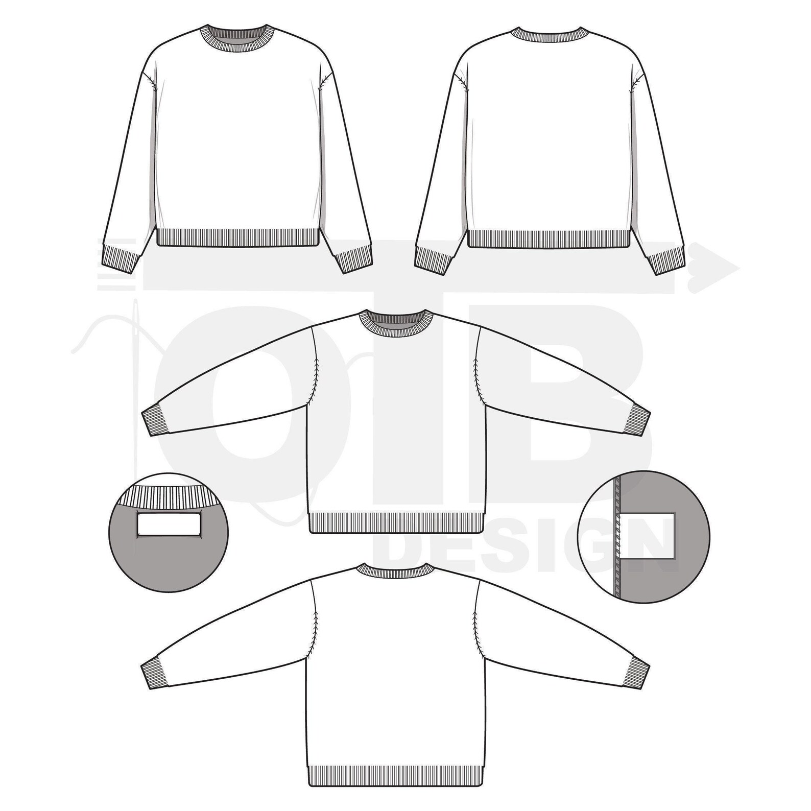 Oversized Crewneck Sweater Flat Vector Technical Drawing Illustration ...
