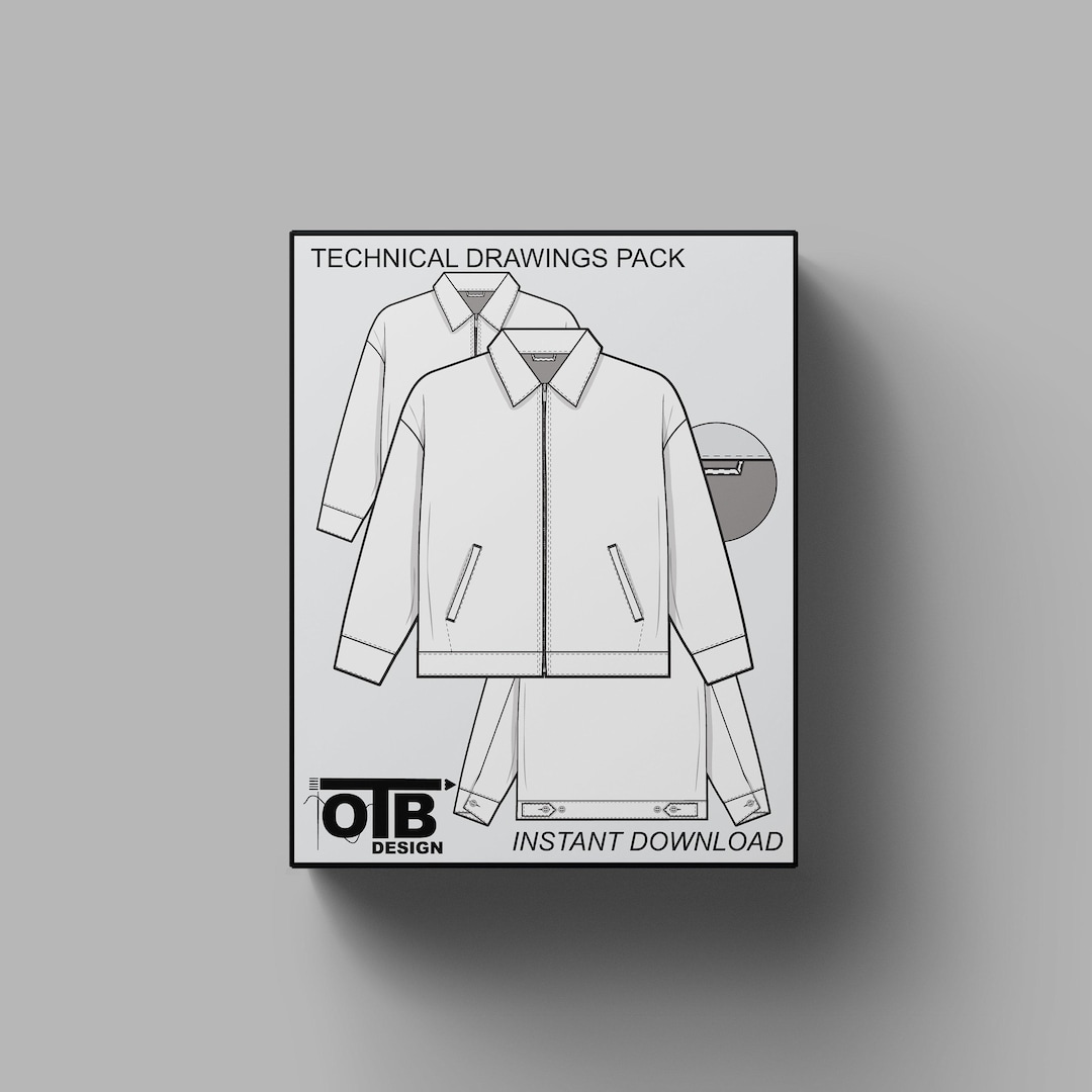 Collared Zip Work Jacket Flat Technical Drawing Illustration Mock-up ...