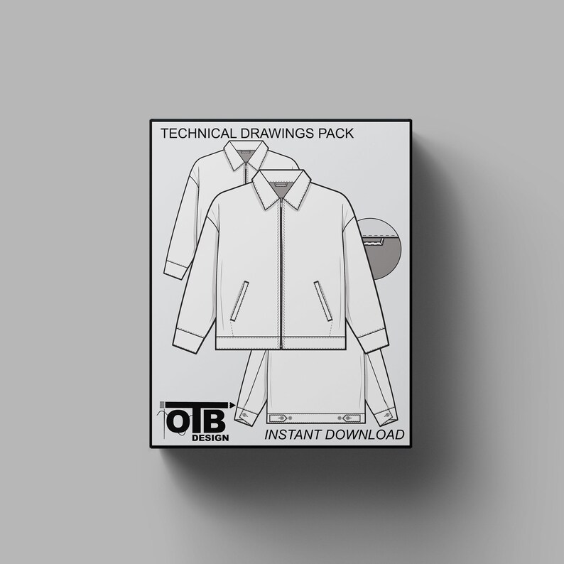 Collared Zip Work Jacket Flat Technical Drawing Illustration Mock-up ...