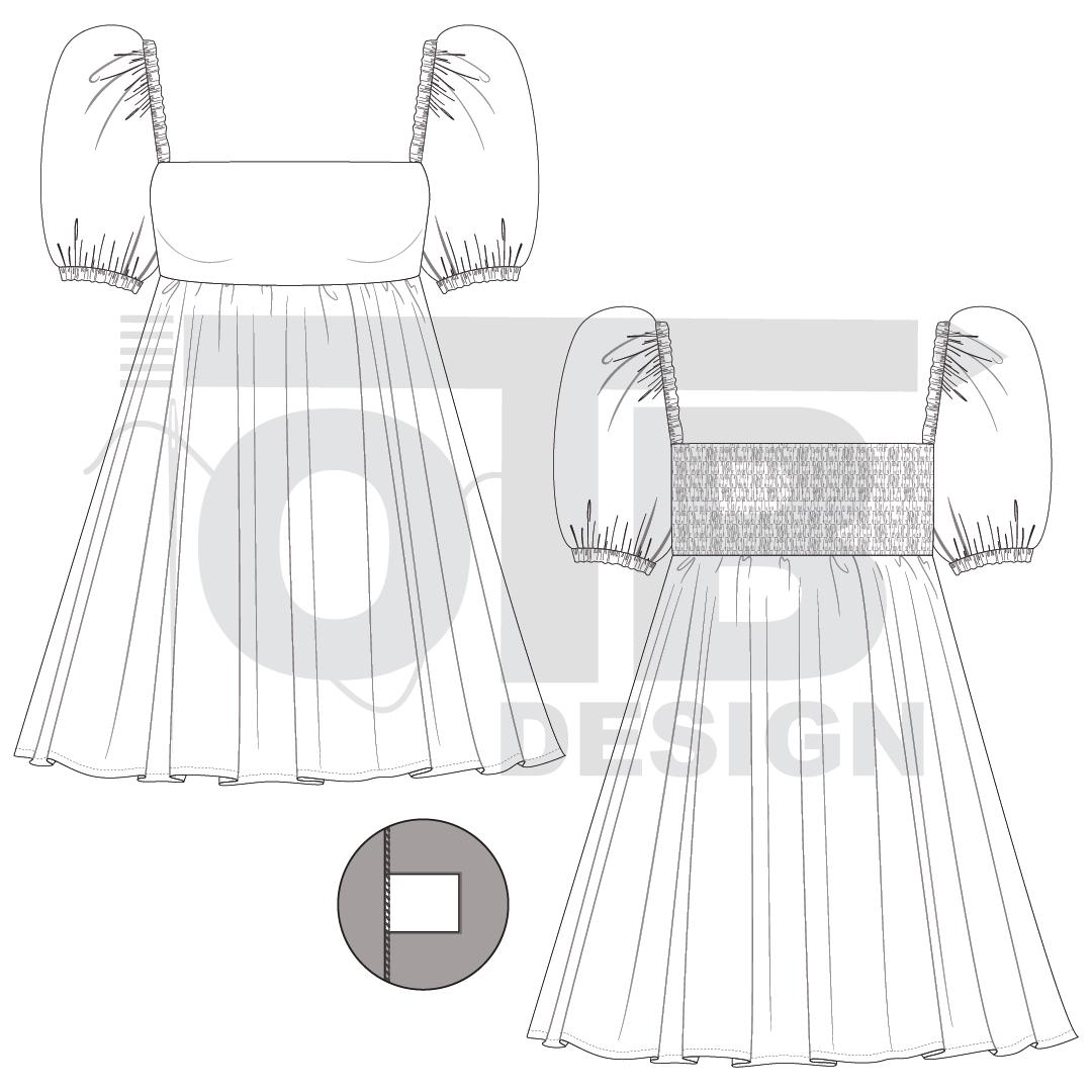 OTB Babydoll Dress With Puffed Sleeves, Square Neckline and Back Vector ...