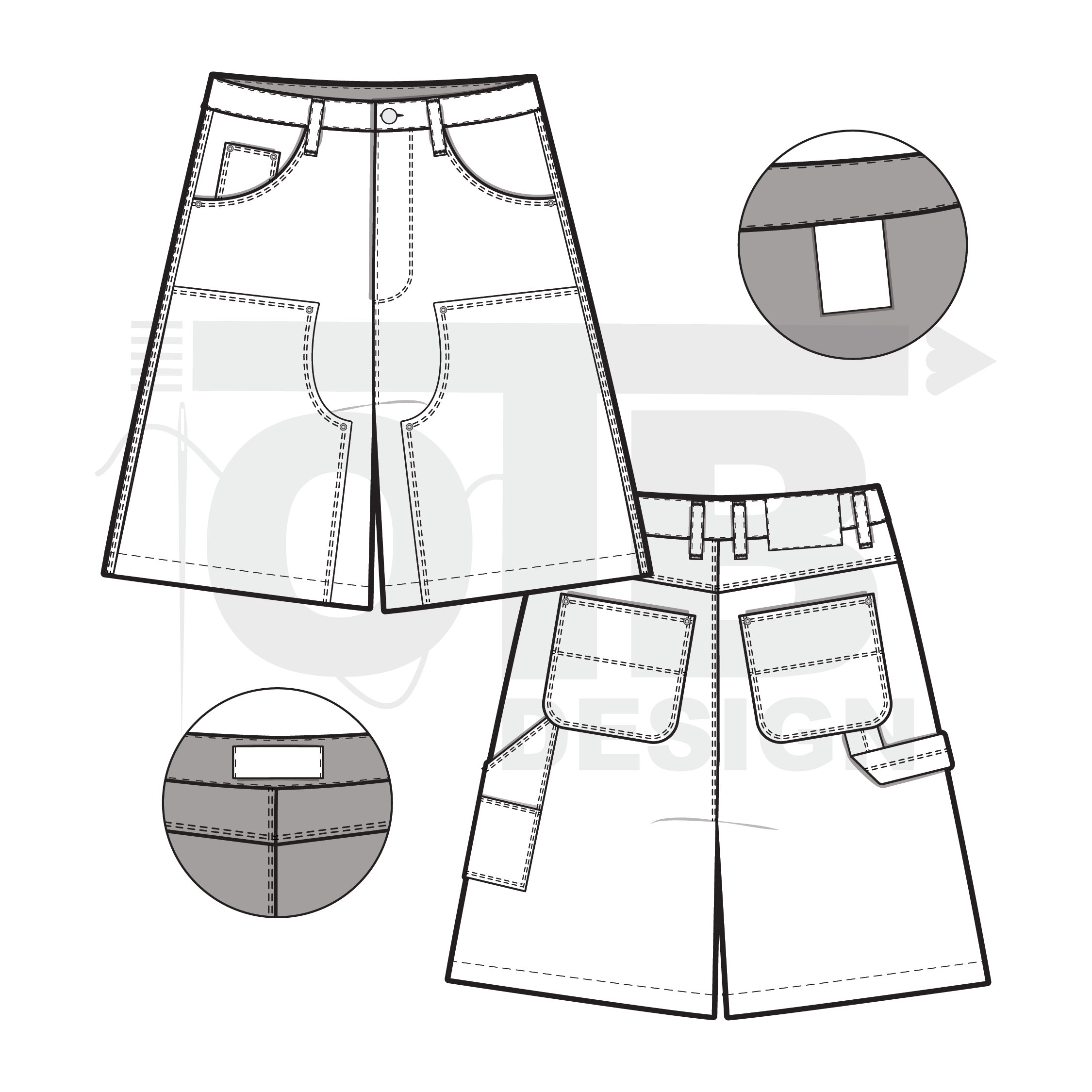 Double Knee Carpenter Shorts Vector Flat Technical Drawing Illustration ...