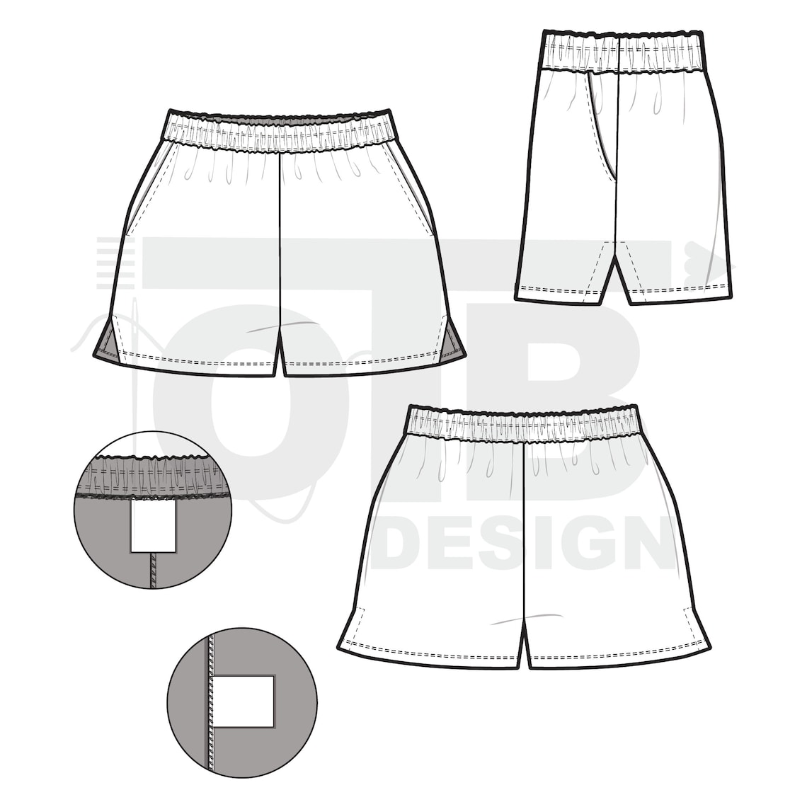 Mid Thigh Vented Elastic Shorts Vector Flat Technical Drawing ...