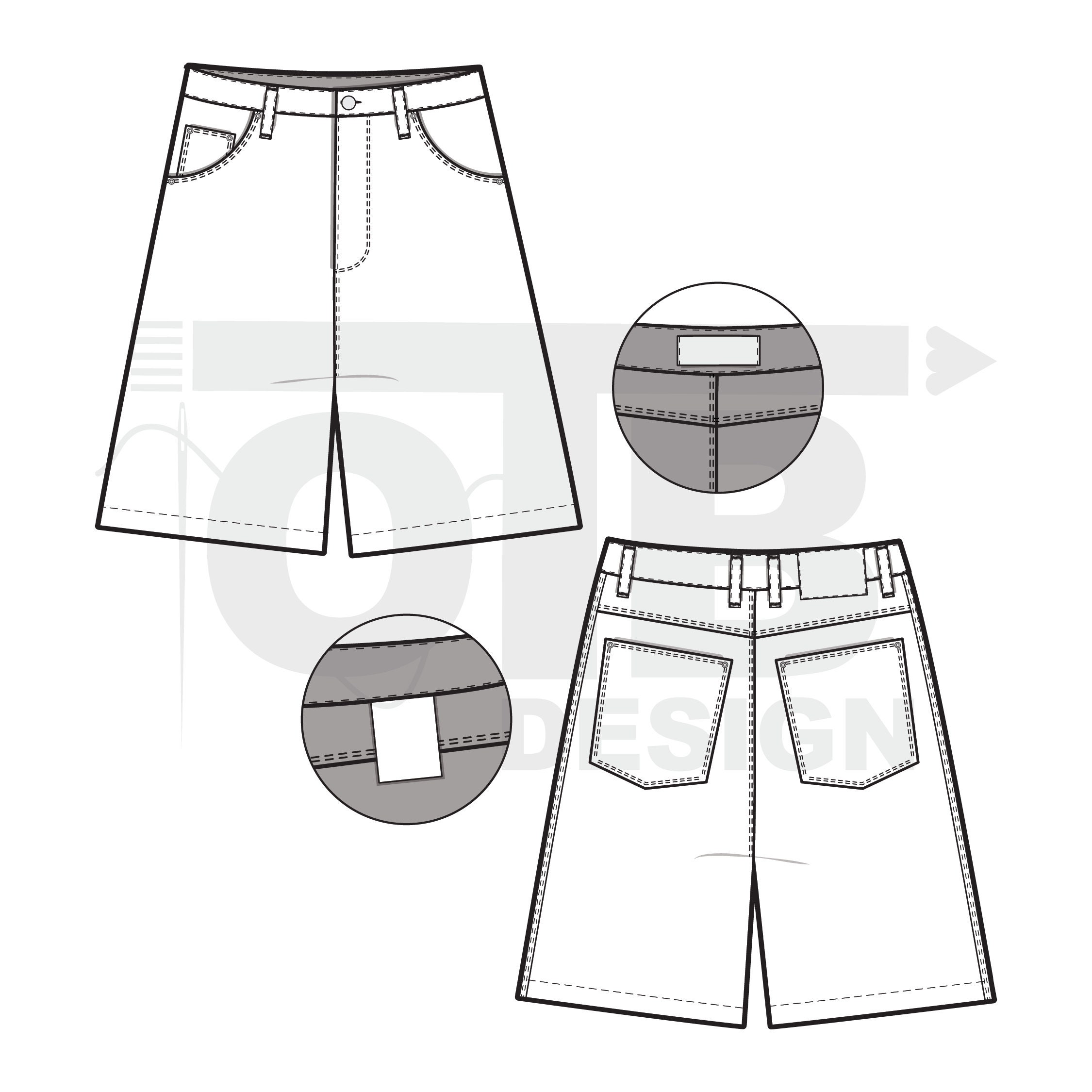 Jean Shorts Flat Technical Drawing Illustration Five Pocket Classic ...