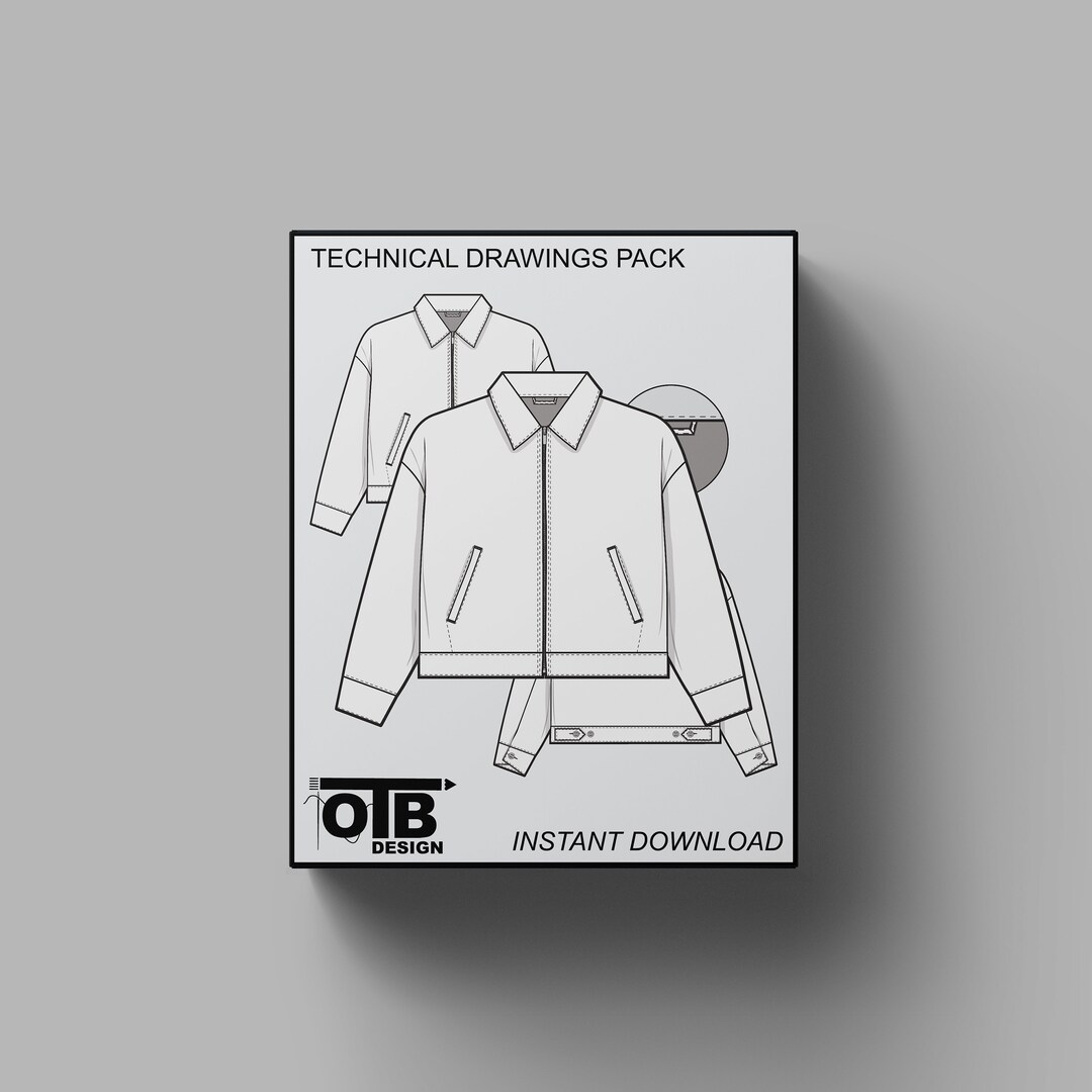 Cropped Collared Zip Work Jacket Flat Technical Drawing Illustration ...