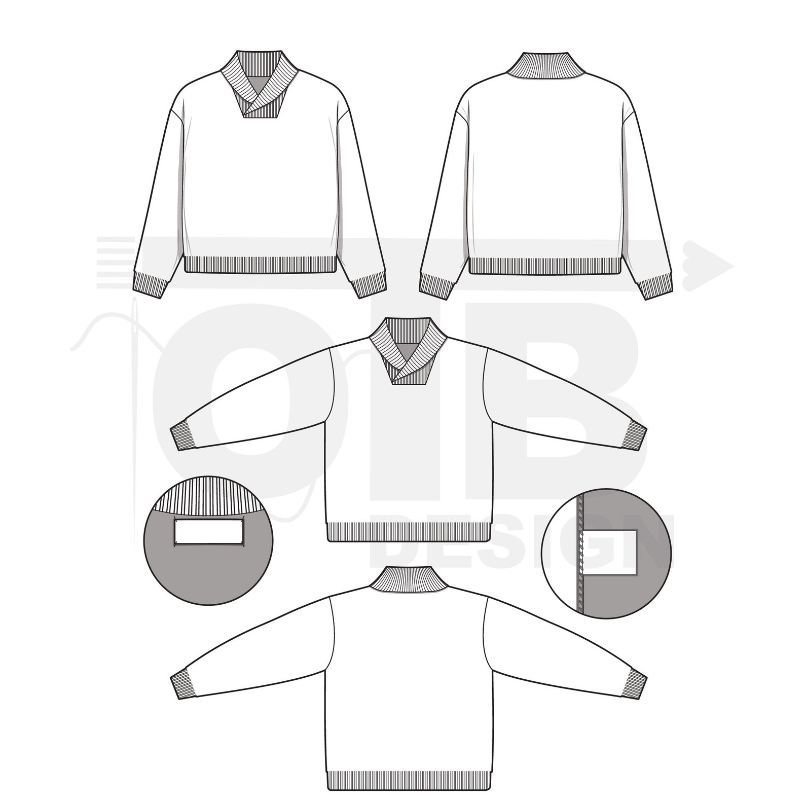 Oversized Shawl Collar Sweater Flat Vector Technical Drawing ...