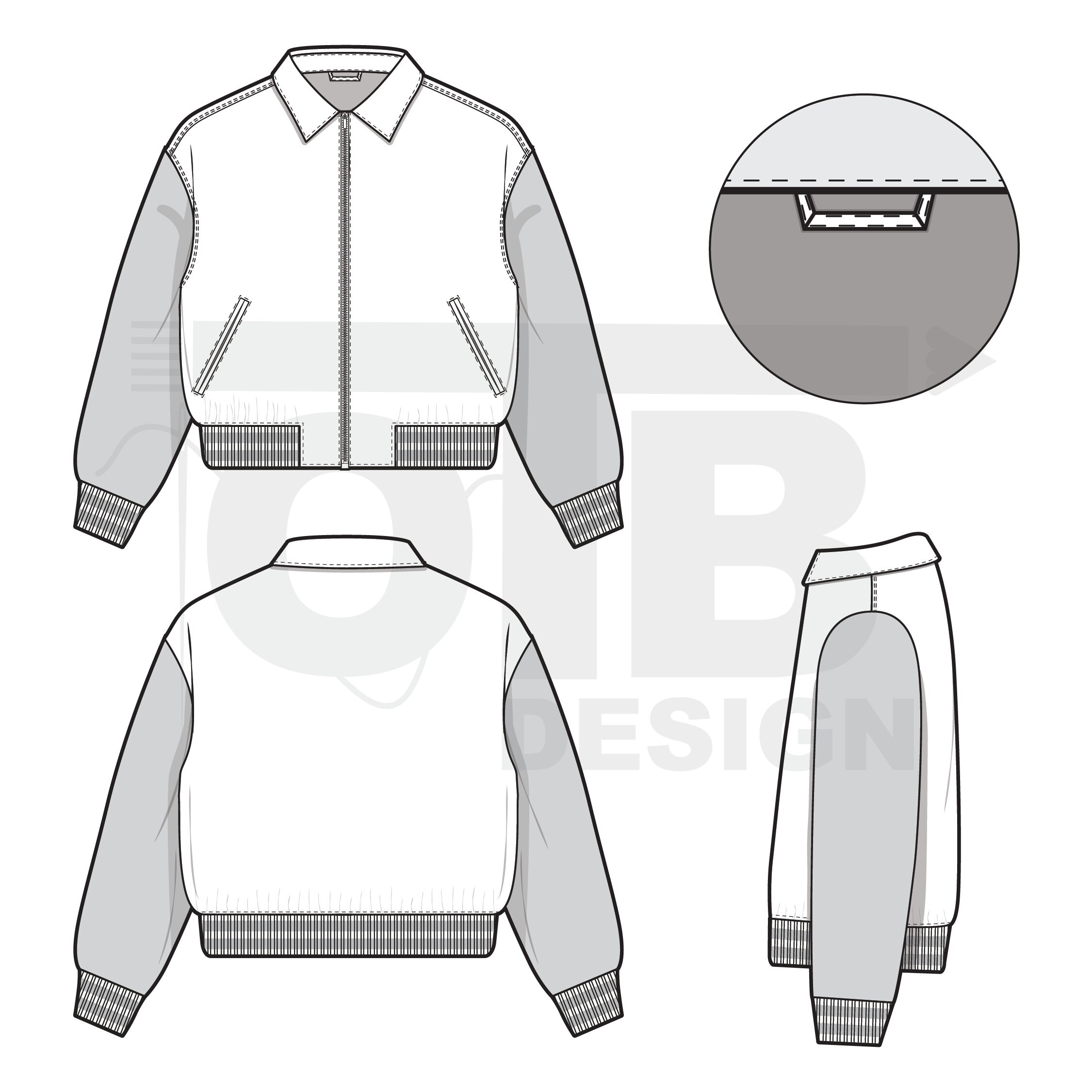 Crop Collared Zip Varsity Jacket Vector Flat Technical Drawing ...