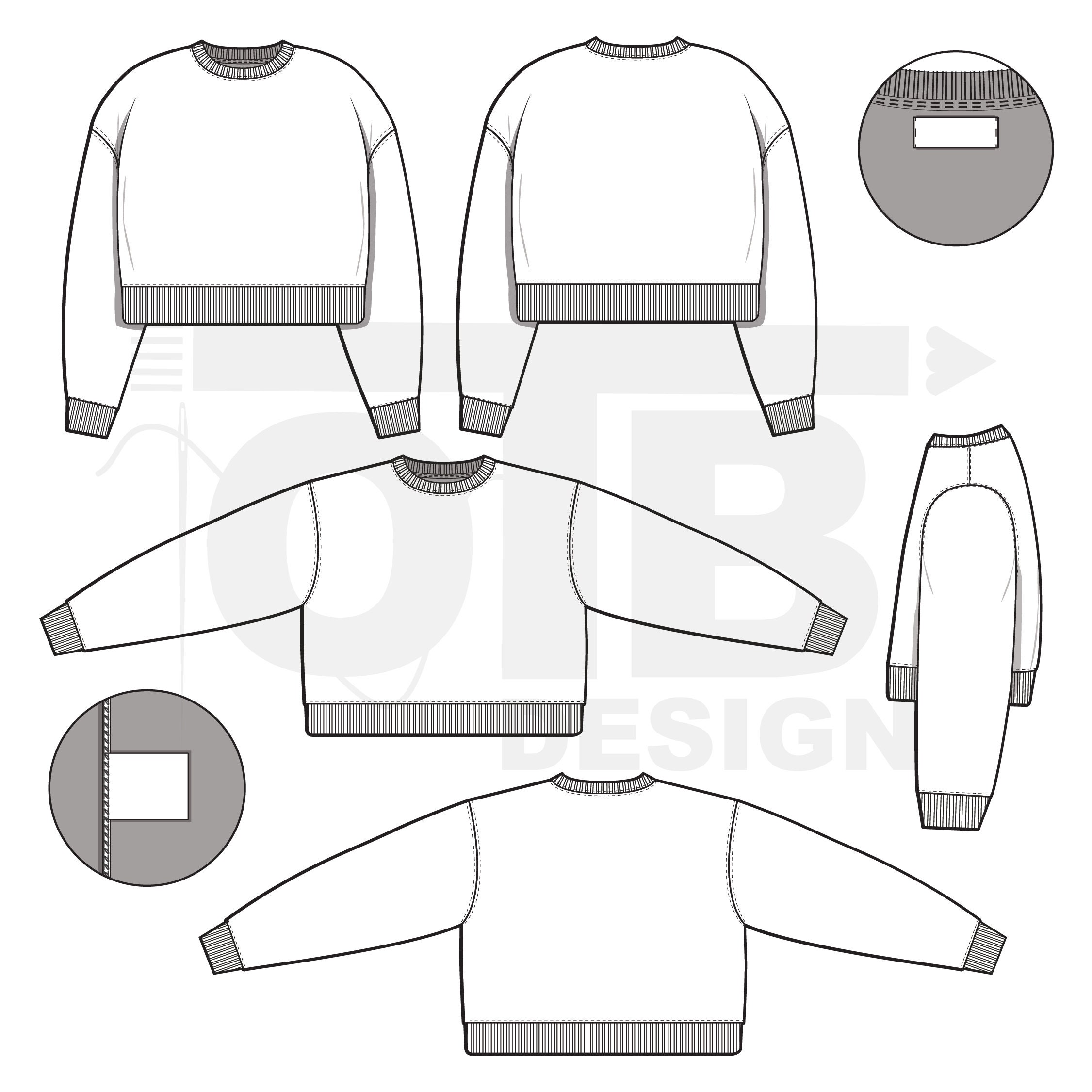 Crop Oversized Crewneck Sweatshirt Flat Vector Technical Drawing ...