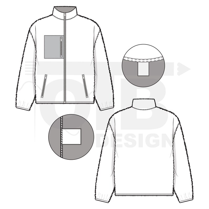 Full Zip Fleece Sherpa Jacket Vector Flat Technical Drawing ...
