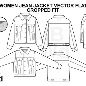 Women Jean Denim Jacket Cropped Flat Technical Drawing Illustration ...
