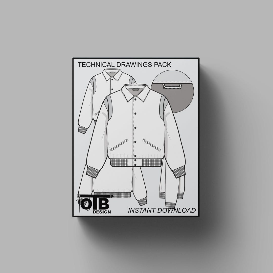Crop Collared Retro Varsity Jacket Vector Flat Technical Drawing ...