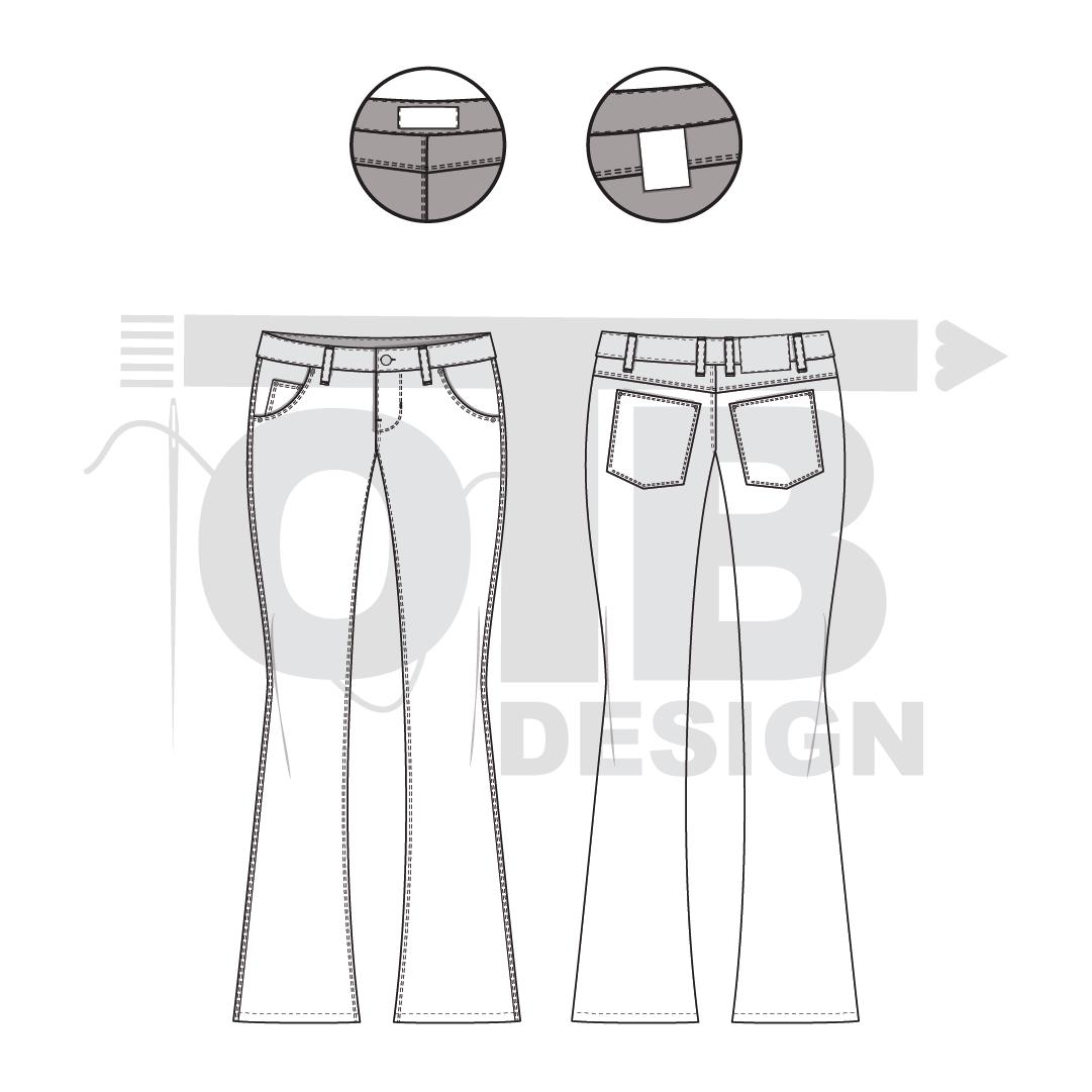 OTB Low-rise Flare Jeans Vector Flat Technical Drawing Illustration ...