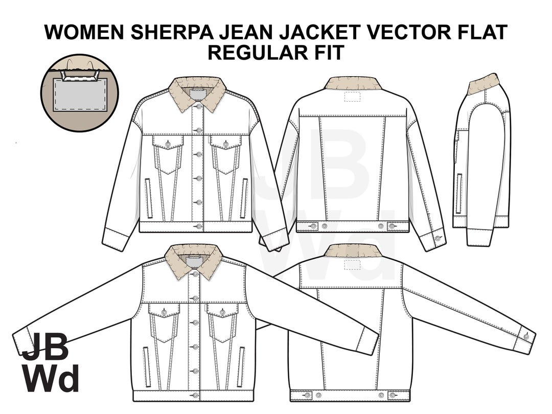 Women Sherpa Jean Denim Jacket Flat Regular Fit Technical Drawing ...