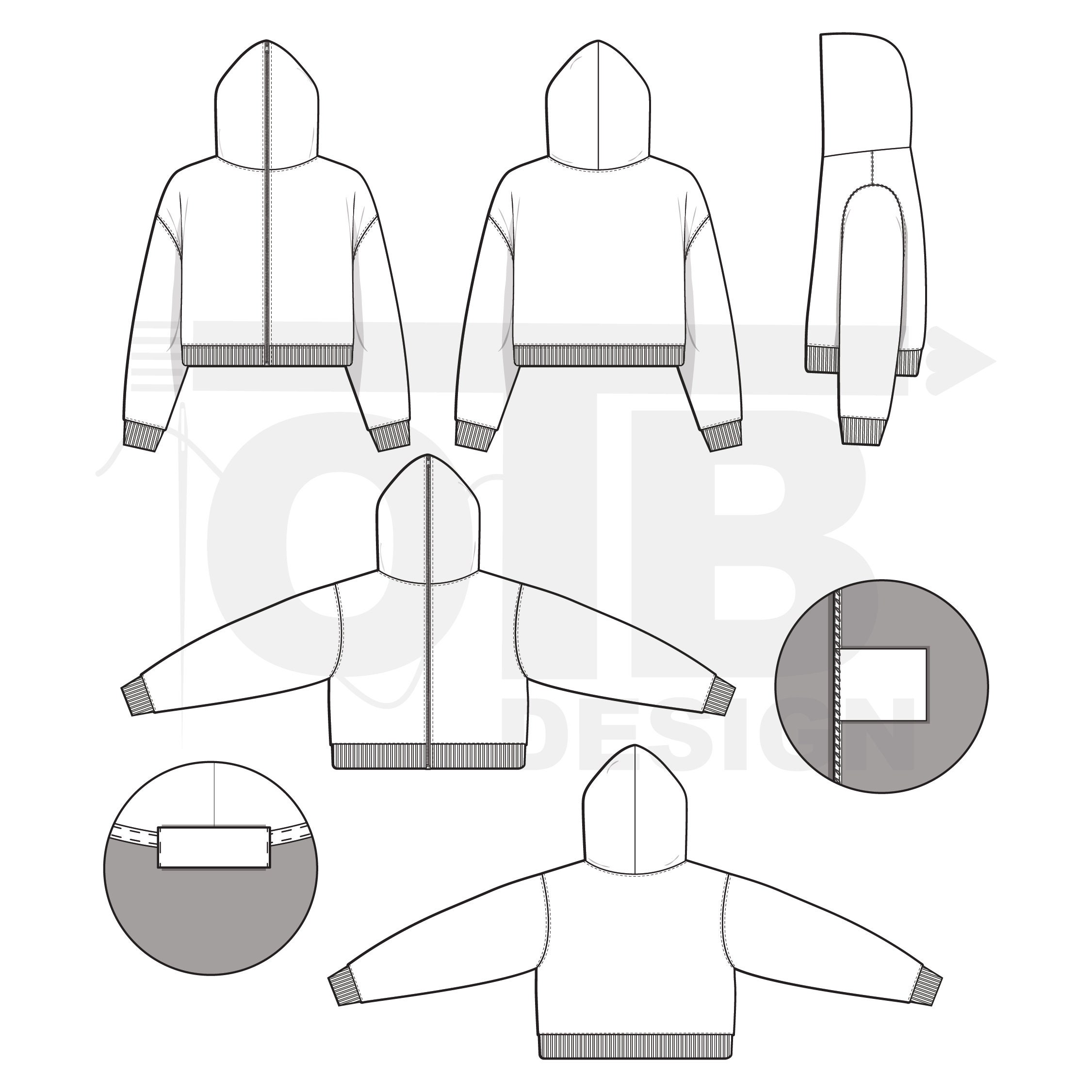 Cropped Full Zip Hoodie Sweatshirt Flat Vector Technical Drawing ...
