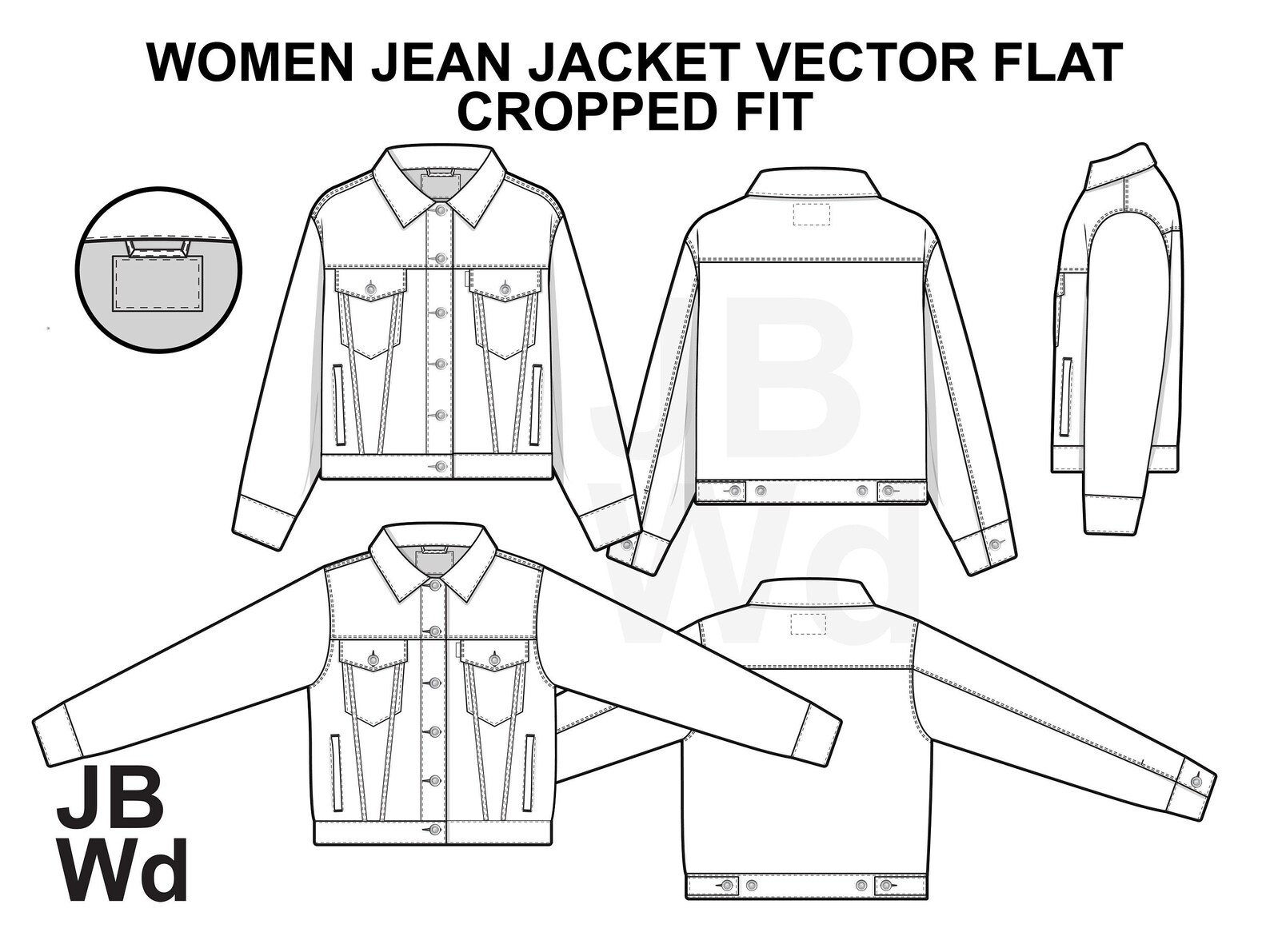 Women Jean Denim Jacket Cropped Flat Technical Drawing Illustration ...