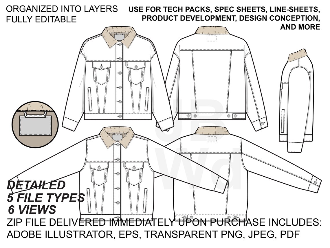Women Sherpa Jean Denim Jacket Flat Regular Fit Technical Drawing ...