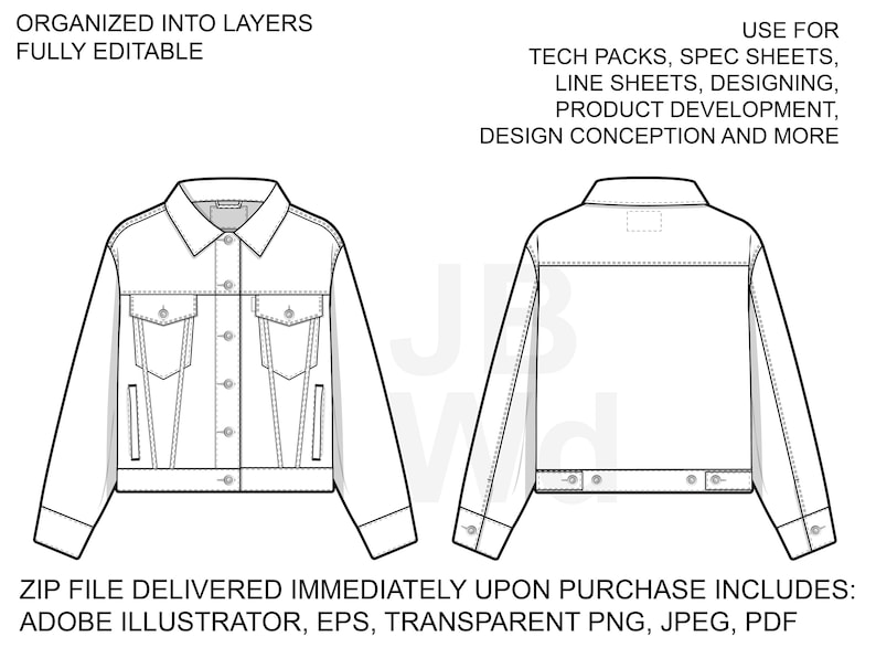 Women Jean Denim Jacket Cropped Flat Technical Drawing Illustration ...