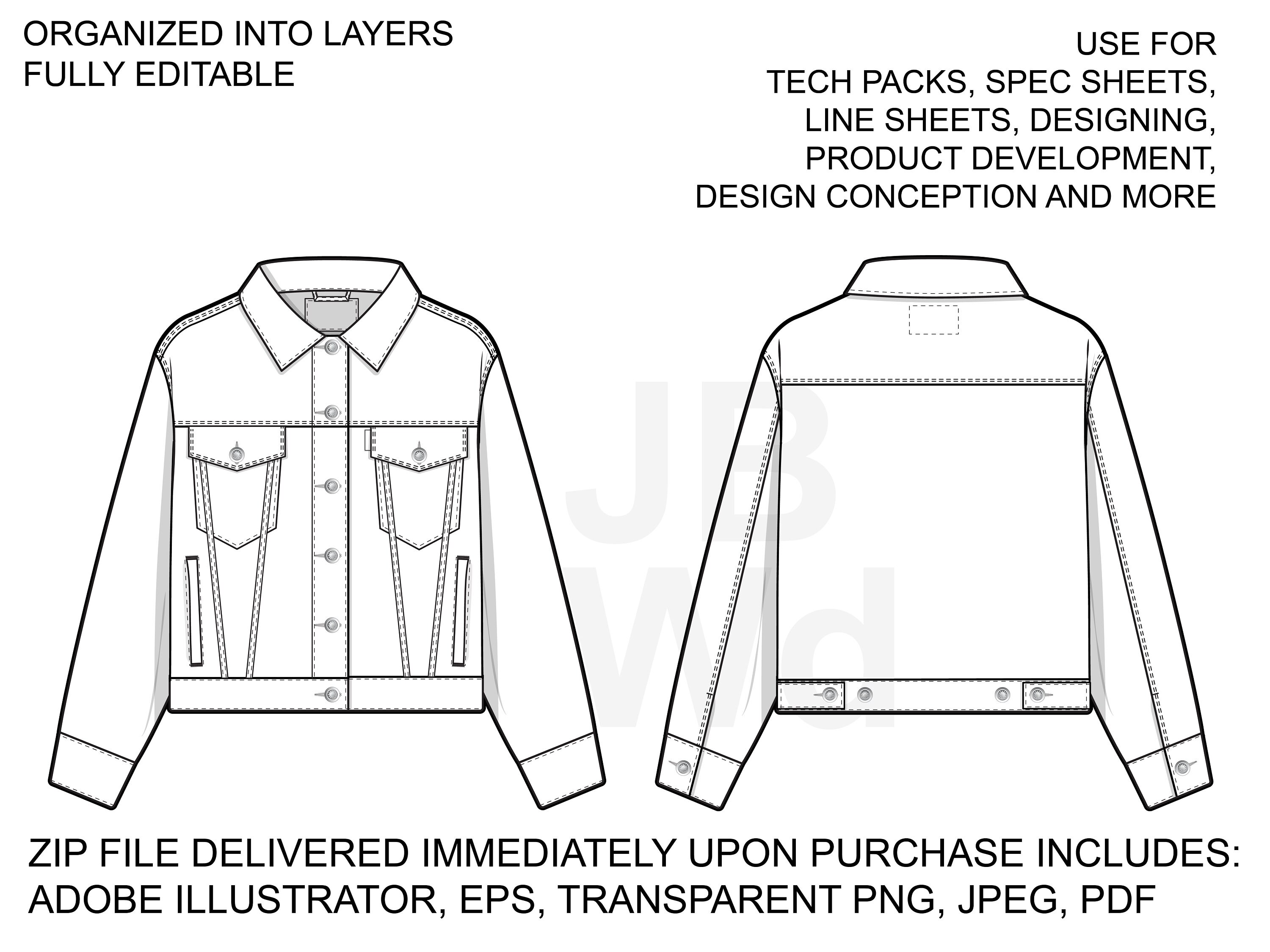 Women Jean Denim Jacket Cropped Flat Technical Drawing Illustration ...