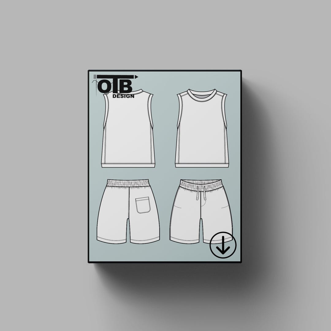 OTB Sleeveless Tank and Shorts Set Vector Flat Technical Drawing ...