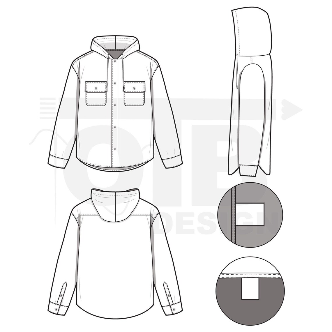 Hooded Flannel Button Shirt Vector Flat Technical Drawing Illustration ...
