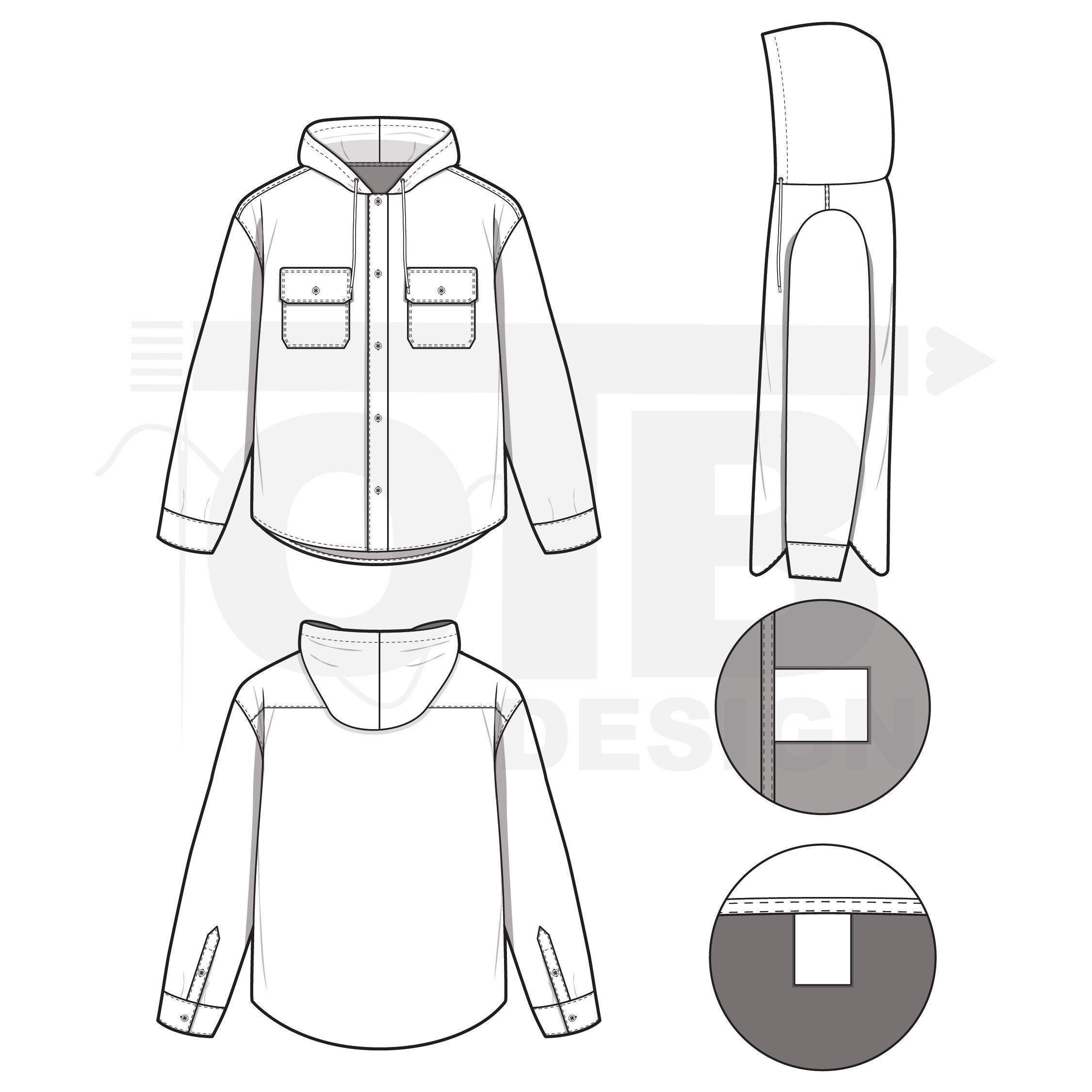 Hooded Flannel Button Shirt Vector Flat Technical Drawing Illustration ...