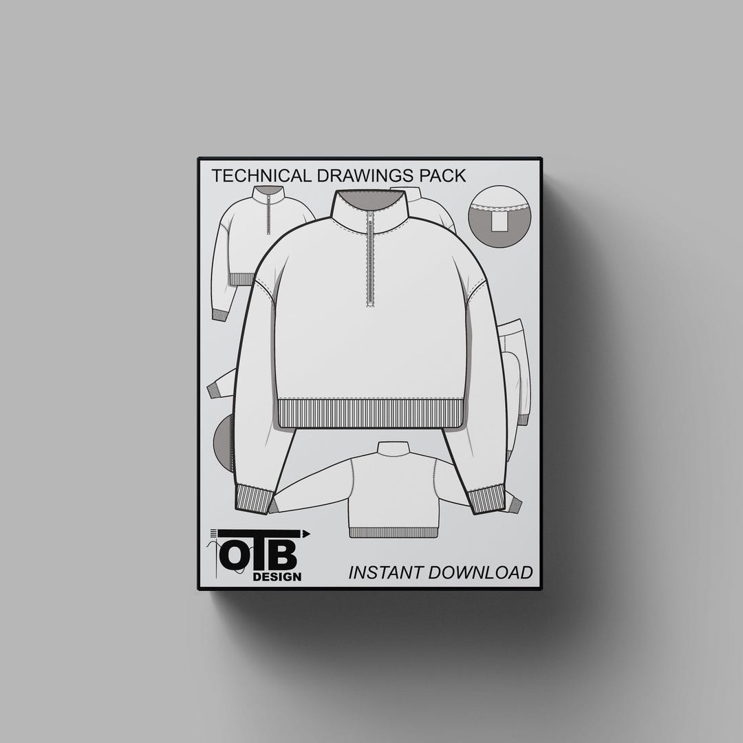 Crop Oversized Quarter Zip Flat Vector Technical Drawing Illustration ...