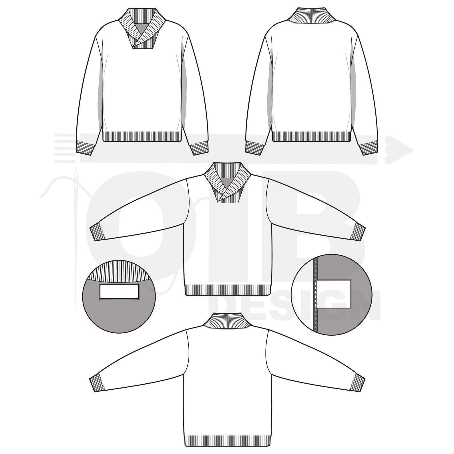 Shawl Collar Sweater Flat Vector Technical Drawing Illustration Mock-up ...