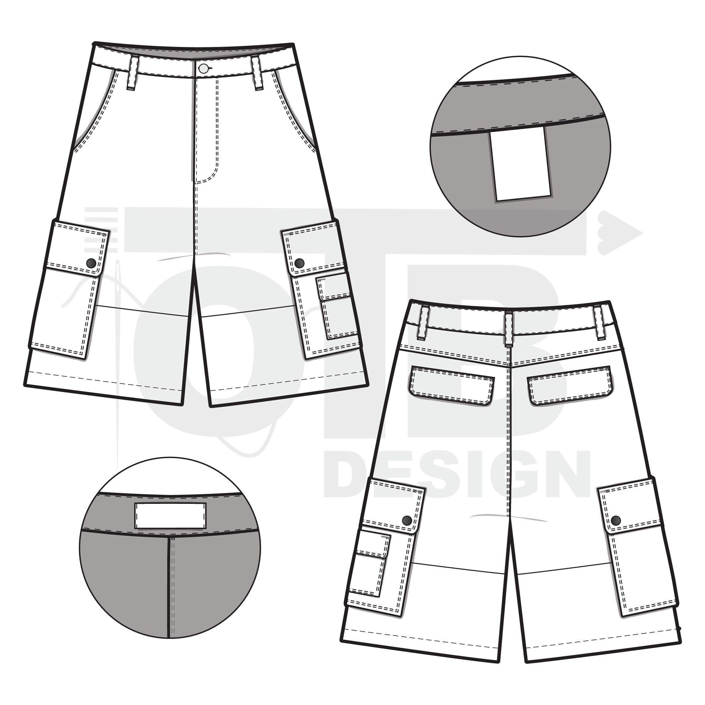 V2 Cargo Shorts Flat Technical Drawing Illustration Five Pocket Classic ...