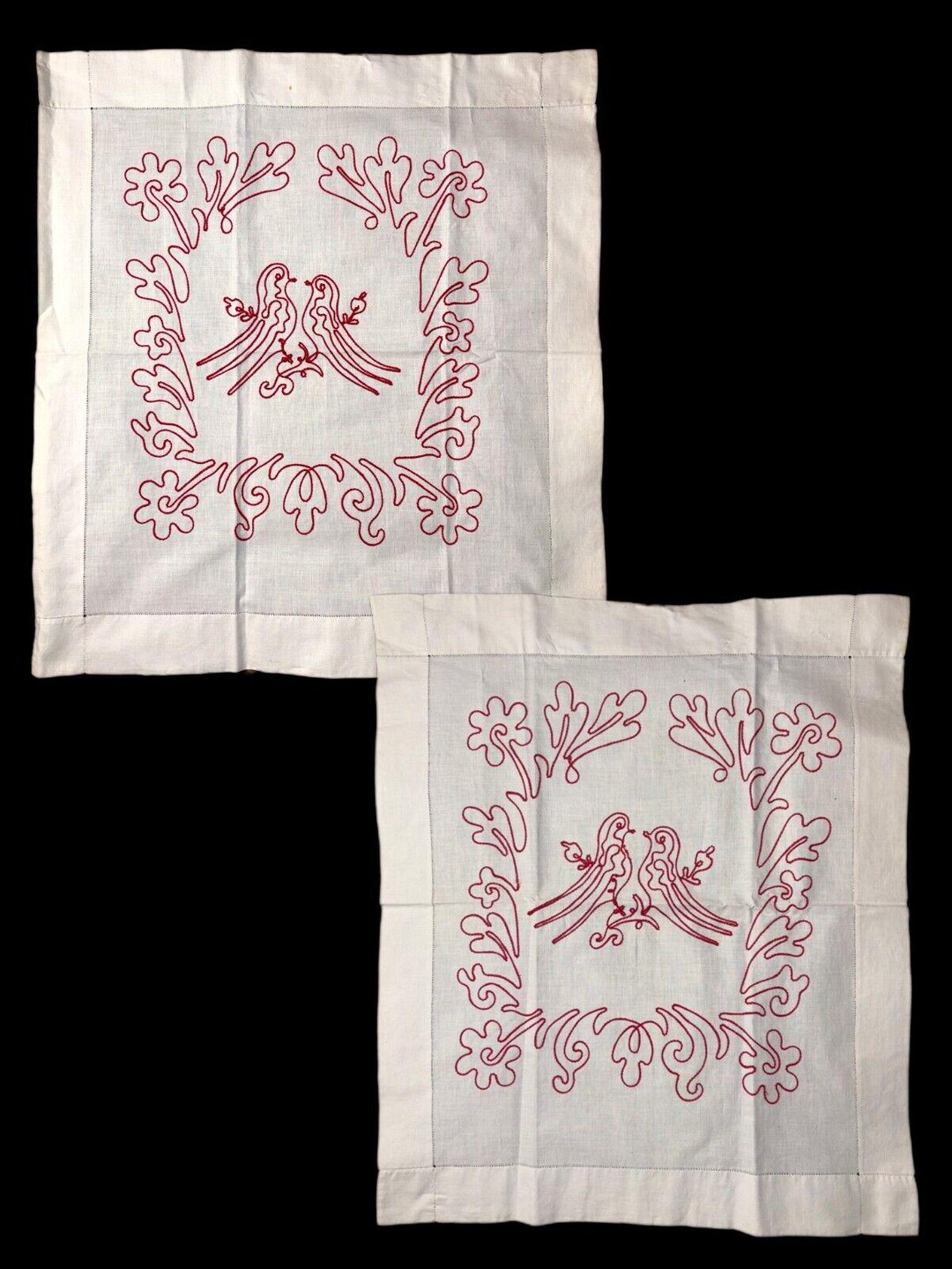 Antique Pair of Redwork Red Embroidery Pillow Sham Covers BIRDS 28"x25 ...