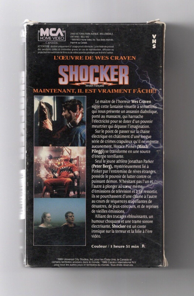 Shocker VHS Tape 1989 (version Francaise) Wes Craven Horror Movie MCA ...
