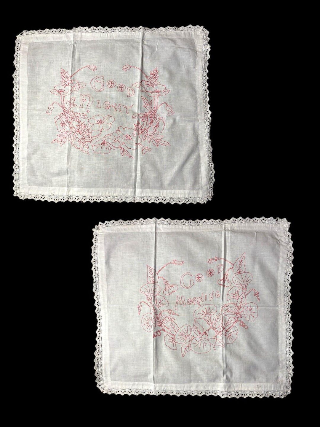 Antique Pair Redwork Red Embroidery Pillow Sham Covers Good Night ...
