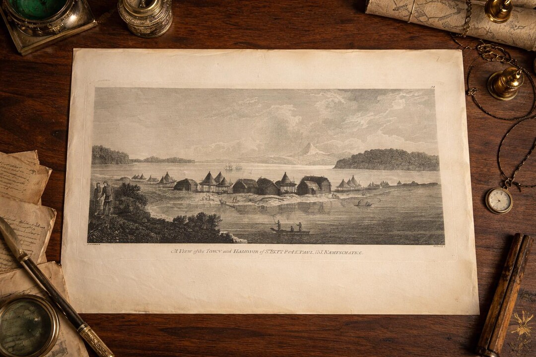 1784 Captain Cook Voyages Engraving, Kamtschatka Harbour View, St Peter ...