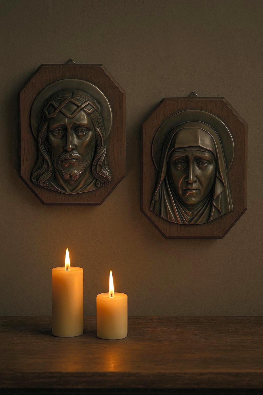 Antique Copper Jesus & Mary Wall Plaques • Gerard Linssen Venlo • Early ...