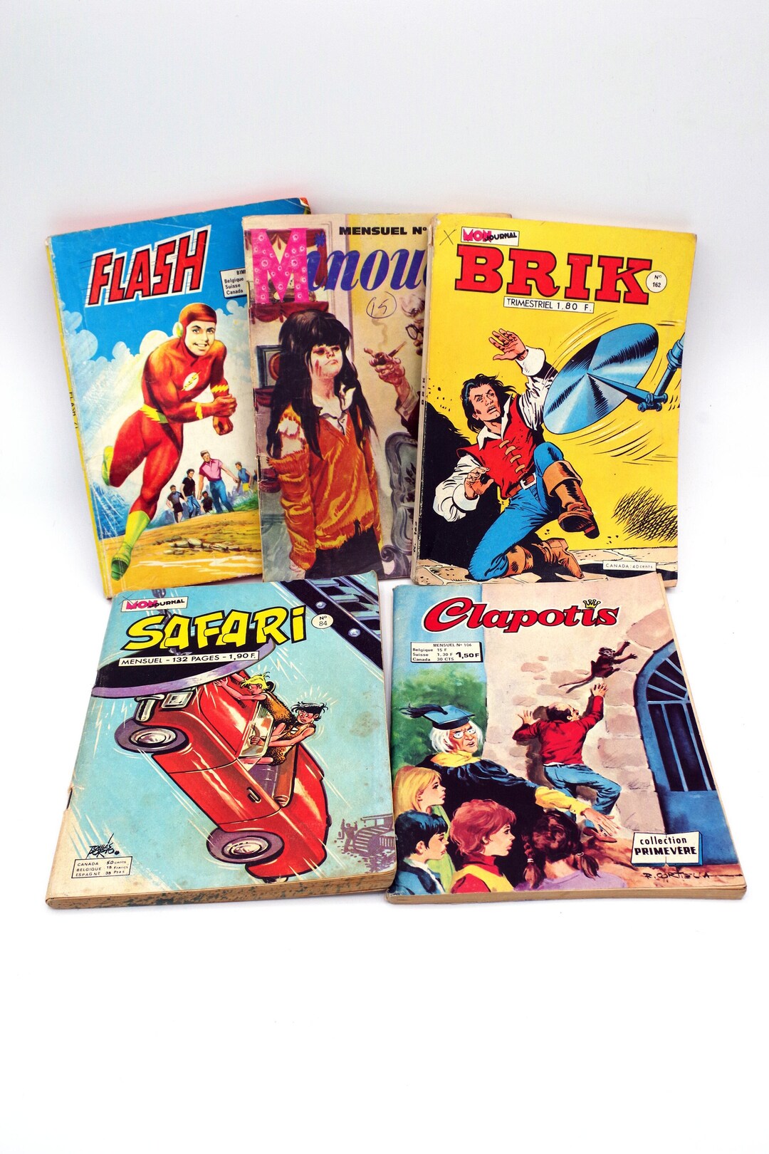 Lot of 5 Mixed Vintage French Comic Books 1960's 1970's flash, Safari, Brik, Clapotis, Minouche ...