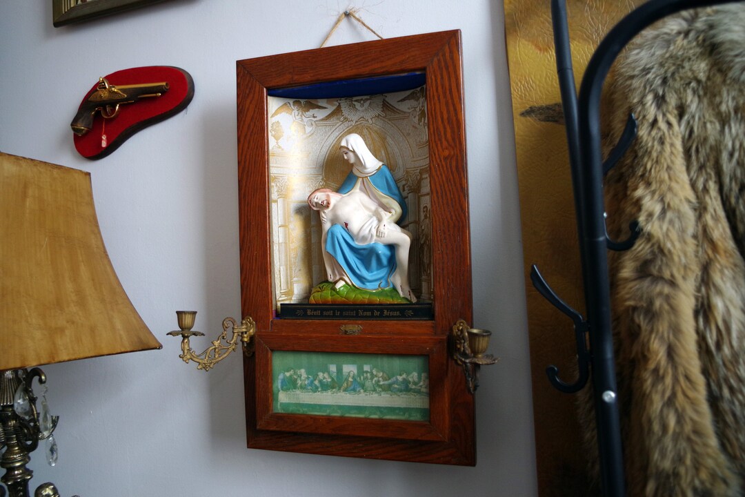 Antique 1900's Catholic Viaticum Chalk Ware Pieta in Oak Altar With ...