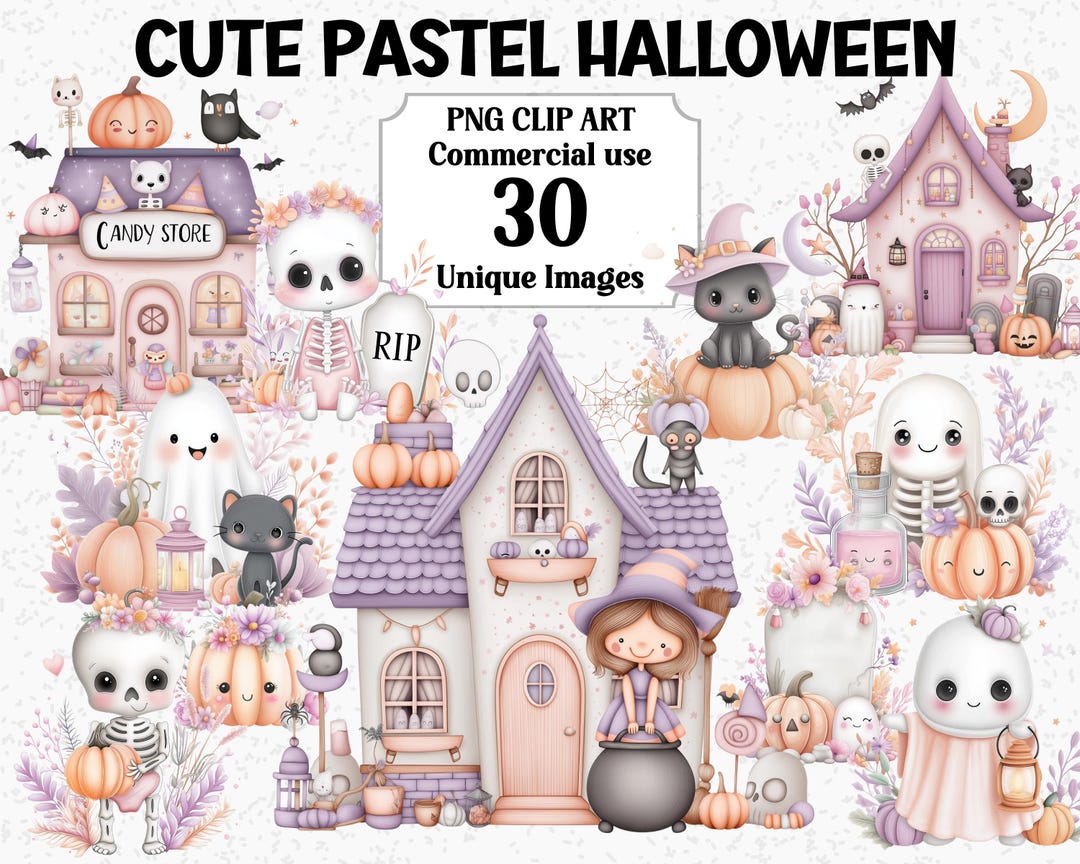 Cute Pastel Halloween Clipart Ghost Pumpkin Skeleton Haunted House ...