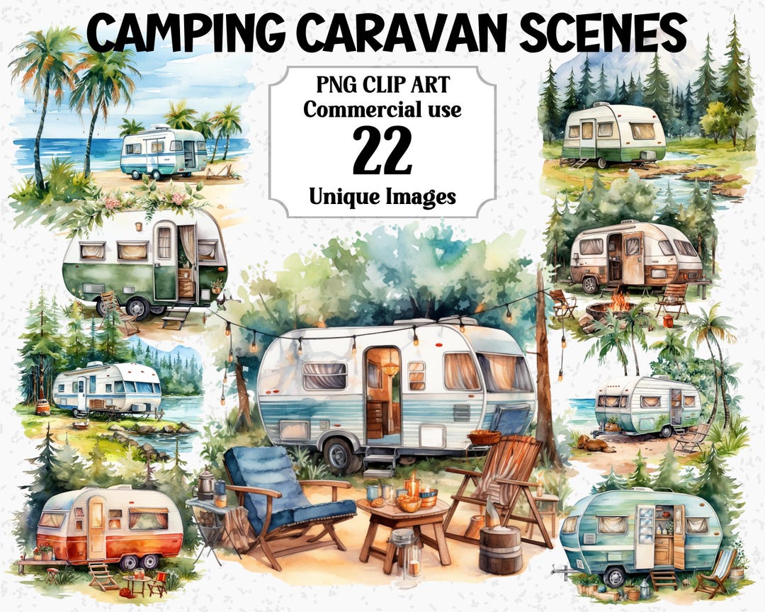 Watercolor Clipart Camping Caravan Scenes Digital Forest Nature Trailor ...