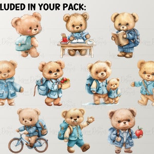 Back to School Bears Blue Clipart, Instant Download, Riding Bike, Desk ...