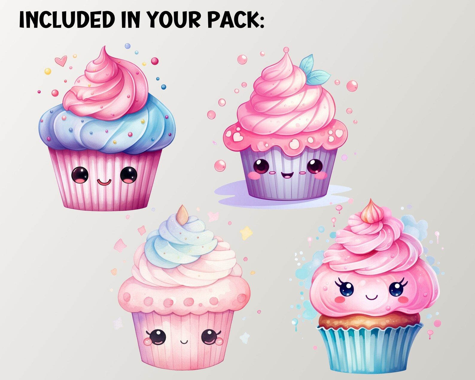 Cute Kawaii Cupcakes Watercolor Clipart, Craft Sublimation Decorations ...
