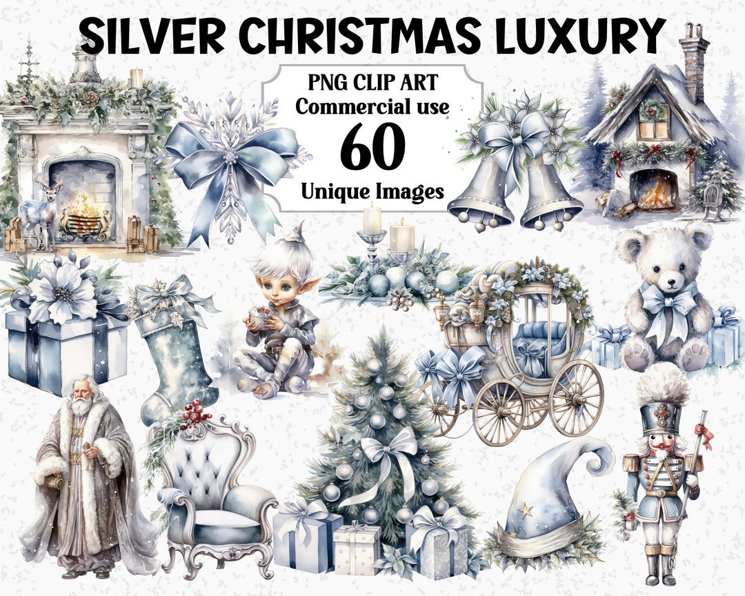 Silver Christmas Luxury Watercolor Clipart Decorations Bundle, Digital ...