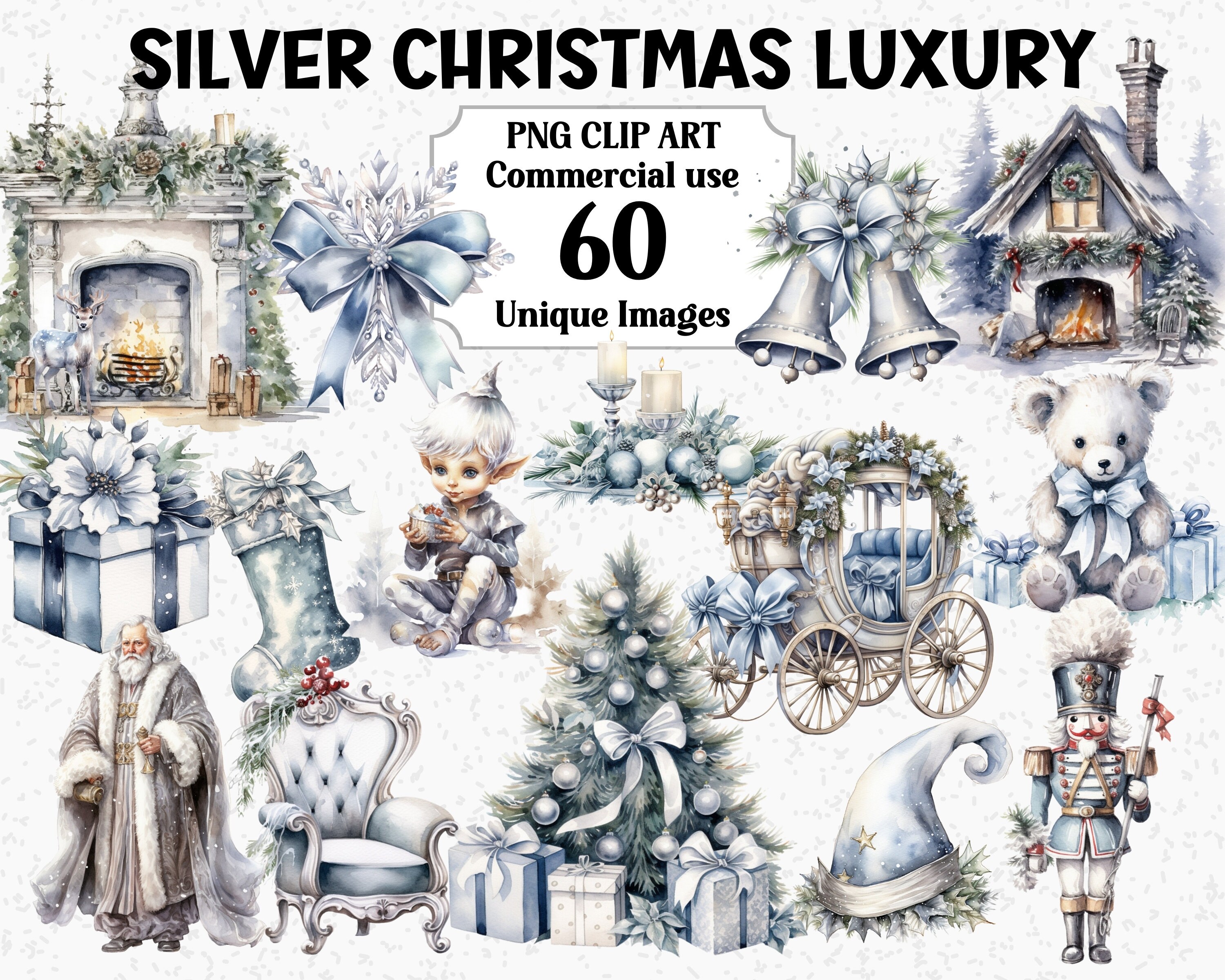 Silver Christmas Luxury Watercolor Clipart Decorations Bundle - Etsy