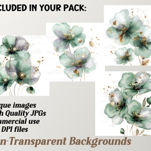 16 Abstract Flowers Green & Gold Watercolor Clipart, Floral Digital ...